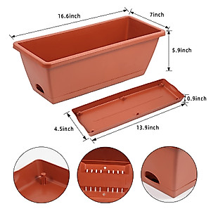 8pcs Window Box Planter,17 Inches Flower Window Boxes, Rectangle Planters Box with Drainage Holes and Trays, Plastic Vegetable Planters for Windowsill Patio Garden Home Decor Porch Yard (Red)