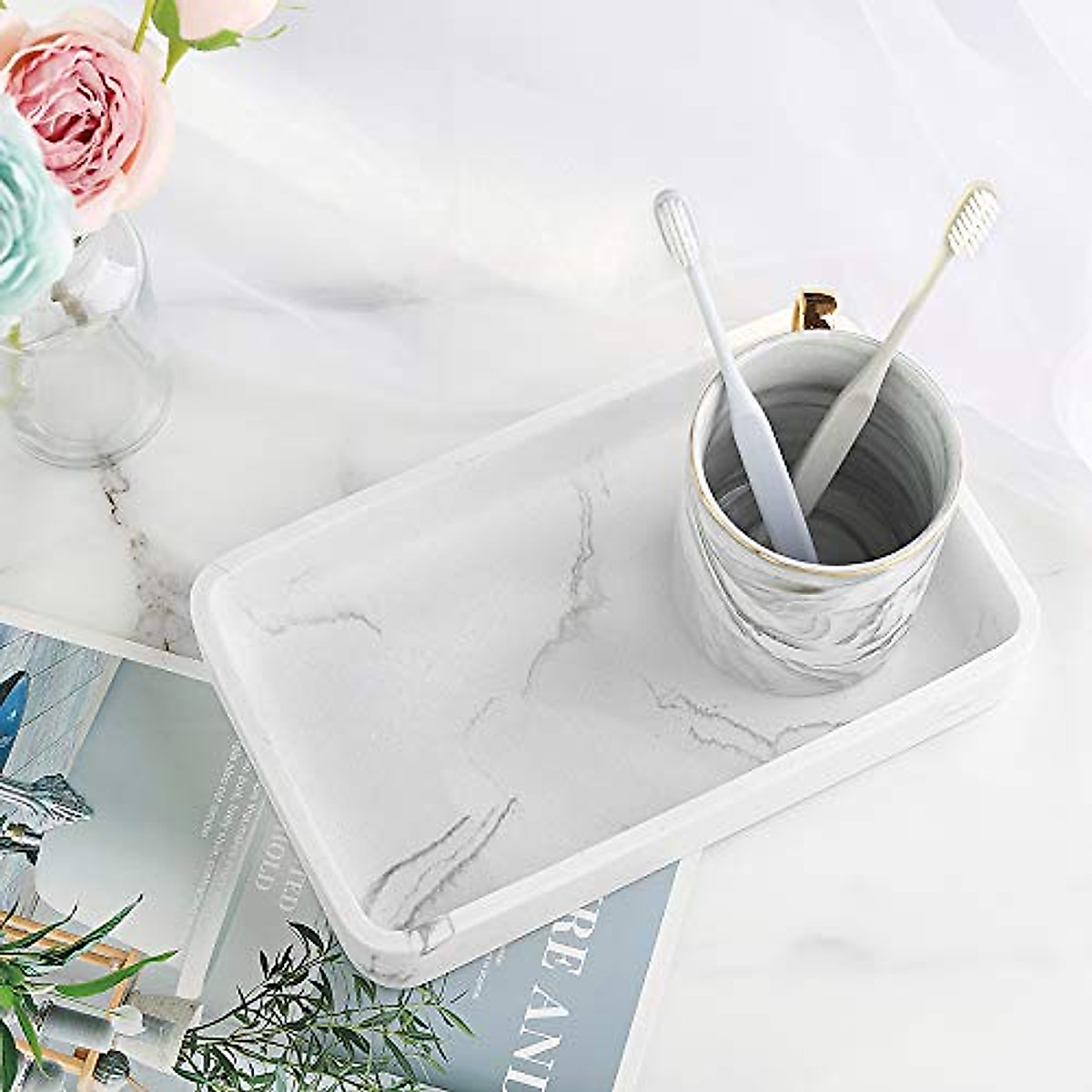 Luxspire Marble Bathroom Tray Rectangle Vanity Tray, 10 x 6 inch Large Perfume Tray Makeup Perfume Jewelry Ottoman Bath Tub Toilet Paper Organizer, Serving Storage Tray for Dresser Kitchen Countertop