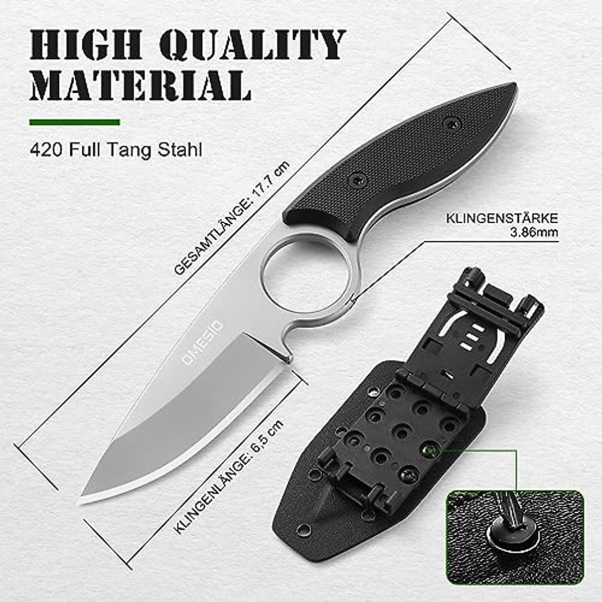 Omesio Small Fixed Blade Knife, Tactical Hunting Camping Survival Knife with Kydex Sheath, Full Tang Stainless Steel 2.68-Inch Drop Point Blade G10 Handle, EDC Neck Knife, White