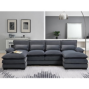 GNIXUU 109.8“ Sectional Sofa Cloud Couch for Living Room, Modern Velvet Large Overstuffed U Shaped Couch, Comfy Modular Sofa Sleeper with Double Chaise & Cushions(Gray)