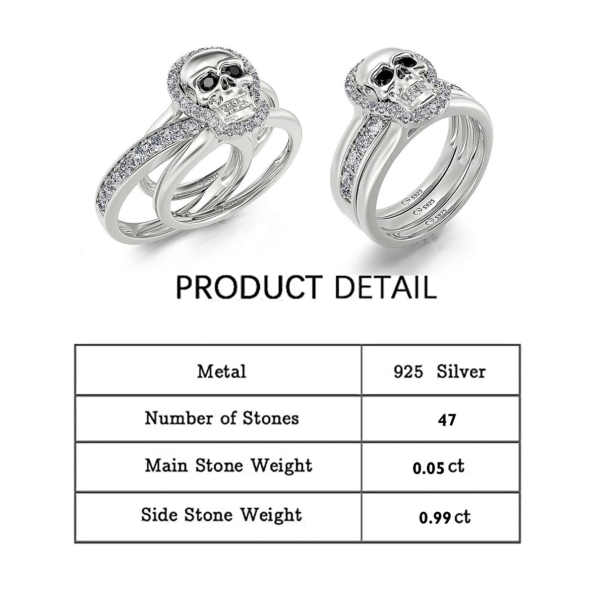 Jeulia Skull Engagement Ring Sets Sterling Silver Interchangeable Promise Eternity Band Rings Diamond with Cubic Zirconia Wedding Engagement Anniversary Promise Bridal Jewelry with Gift Box, silver,