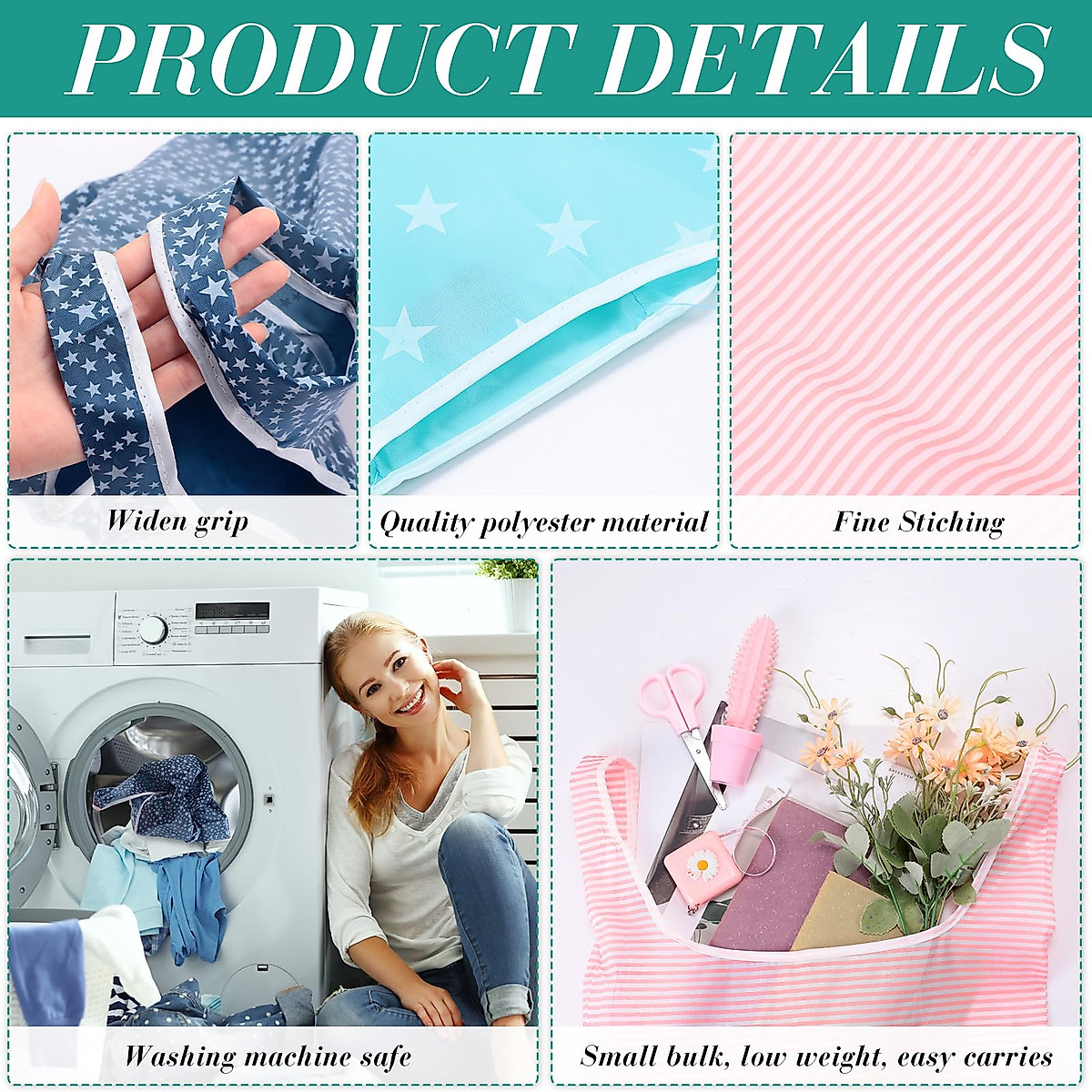 Paterr 30 Pack Mixed Color Reusable Shopping Grocery Bags Foldable Grocery Bags with Handle Kitchen Machine Washable Reusable Bags Heavy Duty Strong Capacity Tote Bag with Pouch for Home, 6 Styles