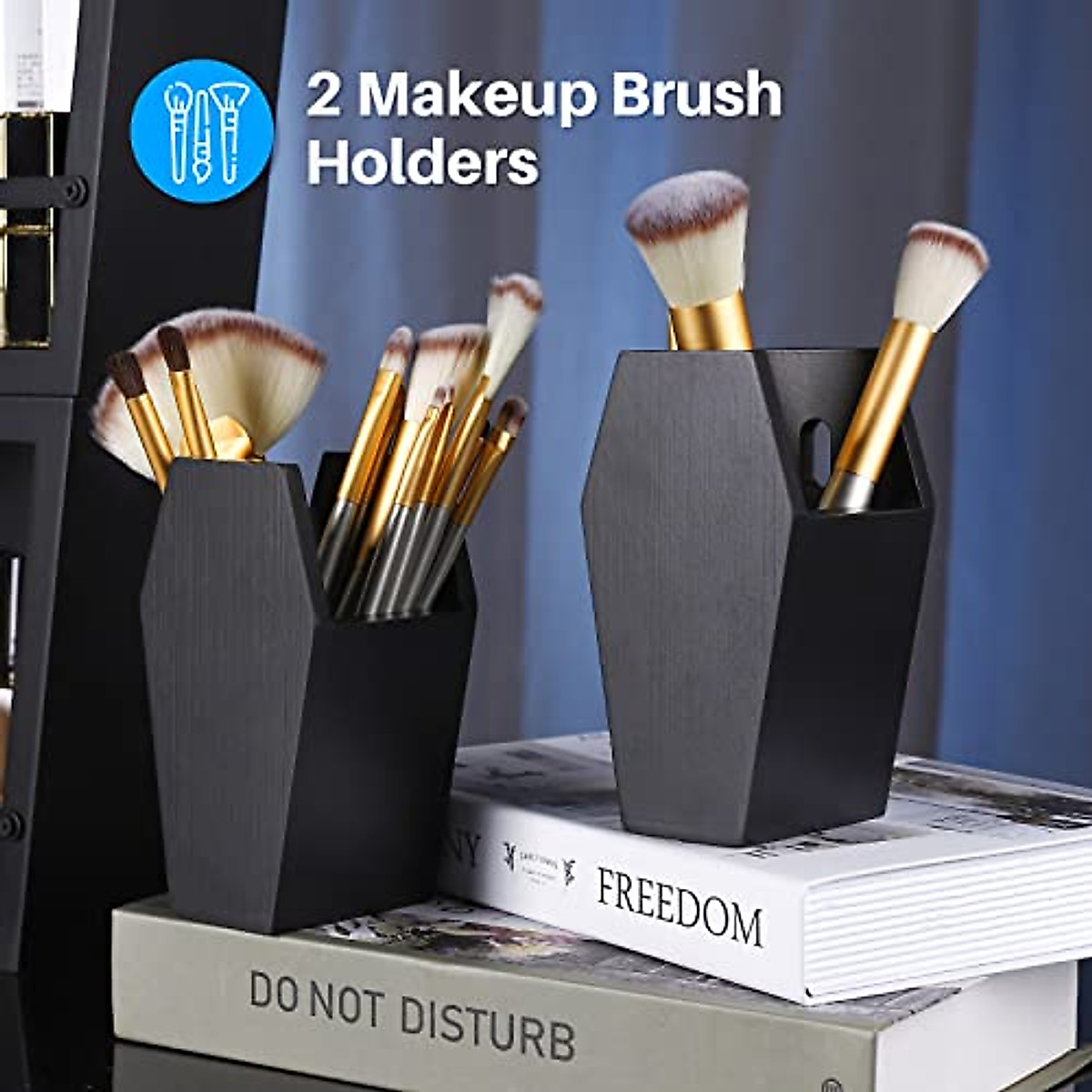 Homde Large Makeup Coffin Shelf with 2 Coffin Brush Holders Solid Wood - 3 Shelf Coffin Holder for Gothi Decor - Free Standing/Wall Hanging Spooky Coffin Decor for Bedroom or Bathroom