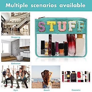 BCRMPT Chenille Letter Bag Clear Flat Pouch,Multi-purpose PVC&Nylon Clear Cosmetic Bags,Travel Makeup Bag With Zipper For Women,Clear Pouches for Travel,Gym,Beach (Green-Stuff)