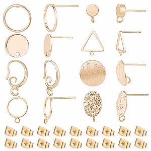 BENECREAT 8 Pairs 8 Style 18K Real Gold Plated Geometric Brass Stud, Round Triangles Stud Earring Findings with Loops and 20Pcs Plastic Ear Nuts for Earring Making, Pin: 0.8mm