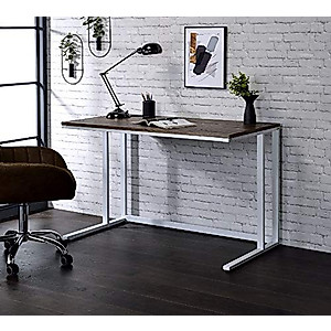 Knocbel 47in Contemporary Computer Desk with Built-in USB Port and Sockets, Home Office Workstation Writing Table with Metal Frame (Walnut and White)