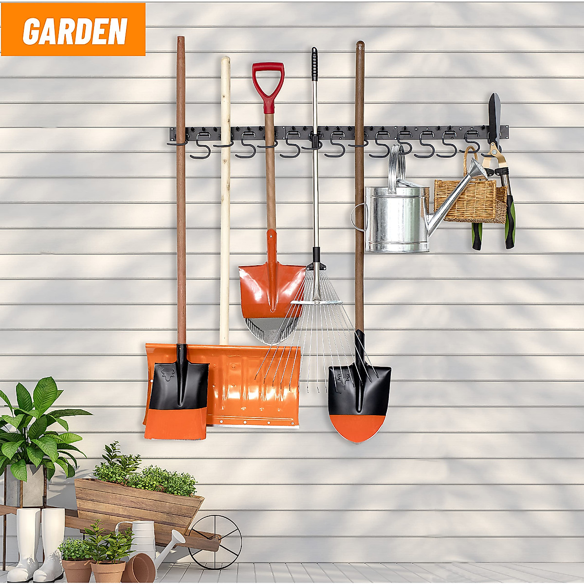 POETISKE Garage Tool Organizer Wall Mount 4PC, Garage Storage Shelving, Heavy Duty Wall Mount, 64" Extendable Racks, Ideal Hooks for Hanging Garden Tool, Mop Shovel Kitchen Yard Storage