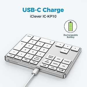 Number Pad for Laptop, iClever Bluetooth Number Pad, USB-C Charge, Aluminum Build, Multi-Device Wireless Number pad for Data Entry, Compatible with Mac, iMac, Tablet, Laptop, PC Desktop