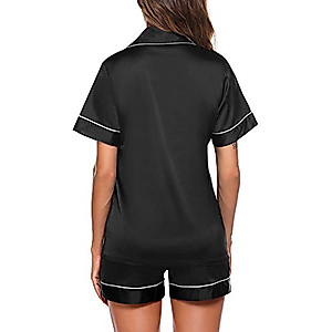 Ekouaer Womens Loungewear Satin Short Sleeve Top and Shorts Pajamas Set, Black, Medium