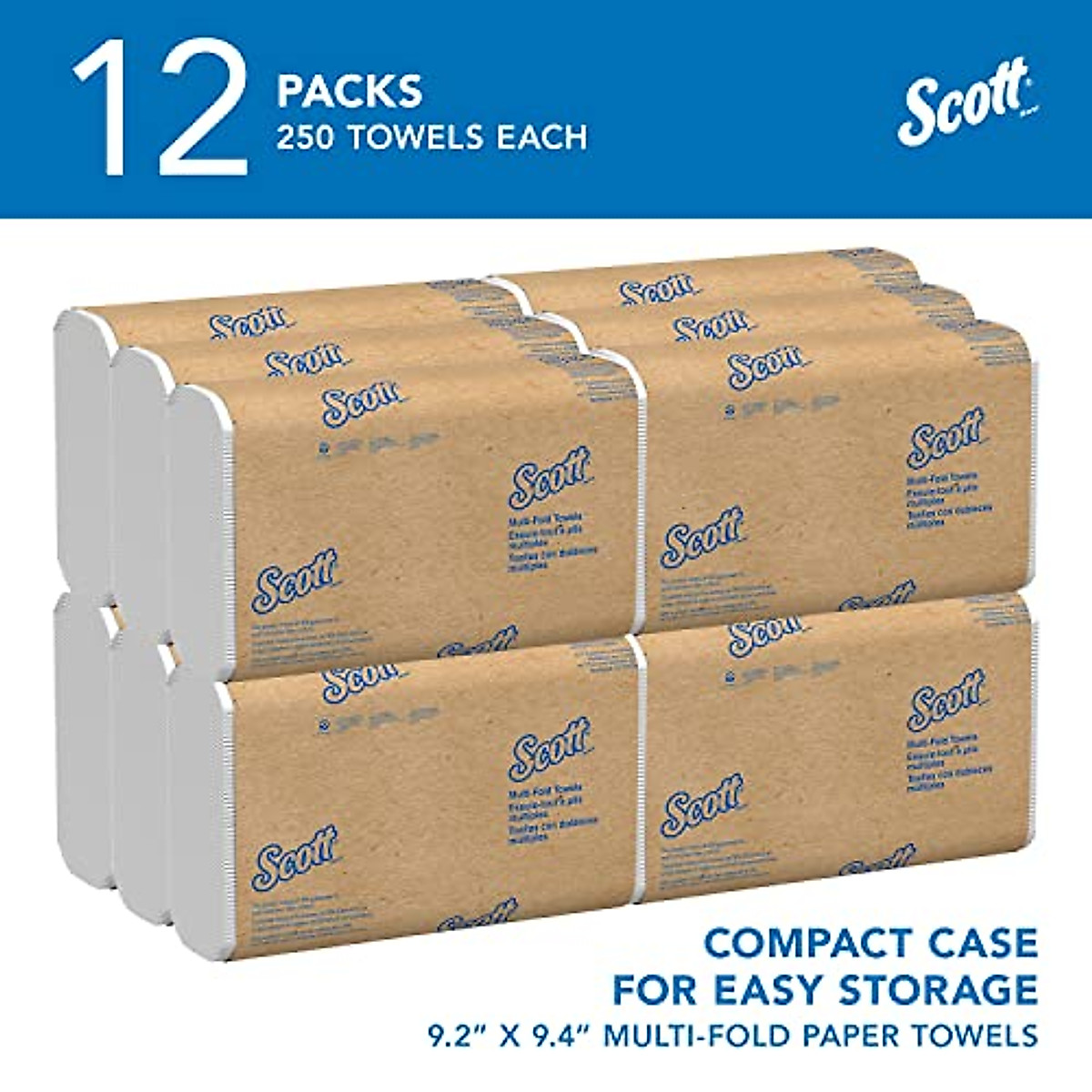 Scott® Multifold Paper Towels (03650), with Absorbency Pockets™, 9.2" x 9.4" sheets, White, Compact Case for Easy Storage, (250 Sheets/Pack, 12 Packs/Case, 3,000 Sheets/Case)