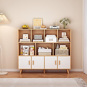 OSCHF Cubby Shelf Bookcase with Doors - Wooden 11 Cube Floor Standing Open Bookshelf with Solid Wood Legs, 3-Tier Storage Cabinet, Oak and Warm White