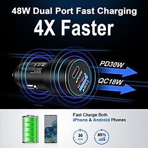Fast Car Charger 48W USB C Car Cigarette Lighter Plug Android Phone Car Adapter C to C Type Fast Charging Cable for Google Pixel 8 7 Pro 7a 7 6,Samsung Galaxy S23 S22 S10 A14 5G A34,iPhone 15