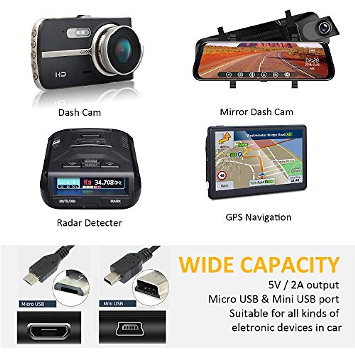 Dash Cam Hardwire Kit 12-24V to 5V / 3A, Micro USB & Mini USB Hard Wire Kit Fuse for Dashcam, Dash Camera Charger Power Cord, （ 13ft