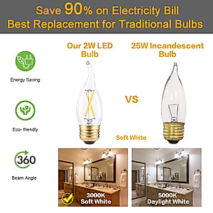 Antique Dimmable E26 LED Candelabra Bulbs 25W Equivalent, 2W CA10 Flame Tip LED Chandelier Candle Light Bulbs, Clear Glass, 3000K Soft White Pandent Lights Wall Sconces Lamp, 200LM, 6 Pack