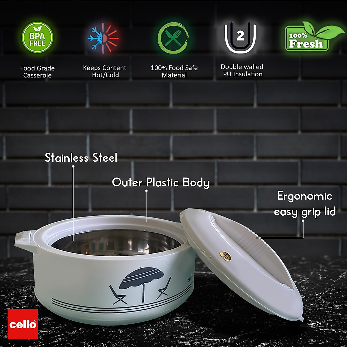 Cello Chef Super 3 pcs Insulated Hot Pot Casserole Gift Set 1500ml, 850ml, 2500ml (White)