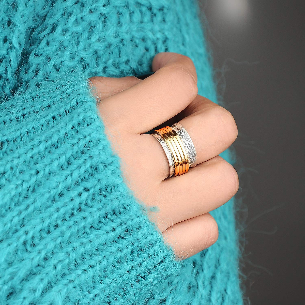 Boho-Magic 925 Sterling Silver Spinner Ring for Women with 4 Brass Fidget Rings Chunky Wide Band (7)