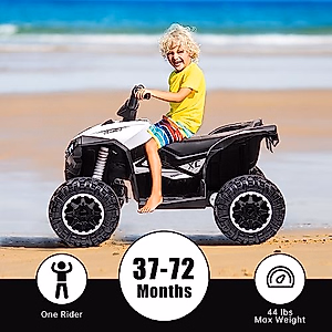 ACONEE Kids Ride on ATV, 12V 4 Wheeler Battery Powered Quad Toy Vehicle with Music, Horn, High Low Speeds, LED Lights, Electric Ride On Toy, Soft Start, for Boys & Girls Gift, Ride (White)