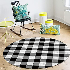 LIFEMUSION Black and White Checkered Round Area Rugs, Farmhouse Buffalo Plaid Non-Skid Children Playing Mat, 3ft Soft Circle Farmhouse Rugs for Living Room, Bedroom, Dining Room