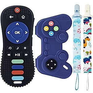 FXK Baby Teething Toys, 2 Pack TV Remote Control & Game Controller Shape Teether Toys, BPA Free Chew Toys Set for Babies 6-12 Months(Black+Blue)