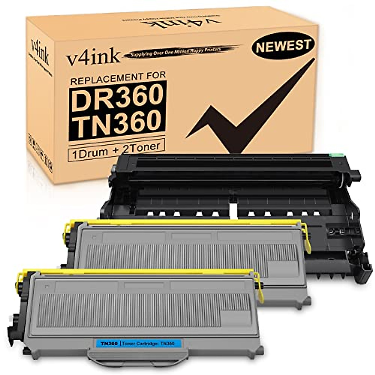 v4ink Compatible Drum+Toner Replacement for Brother DR360 TN360 (1Drum + 2Toner) Work with DCP7030 DCP7040 DCP7045 HL2120 HL2140 HL2150 HL2170 MFC7320 MFC7340 MFC7345 MFC7440 MFC7445 MFC7450 MFC7840