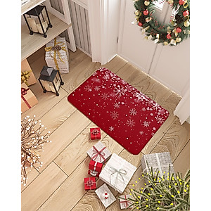 Christmas Bath Rugs White Snowflake Sponge Doormat Absorbent Non Slip Backing Durable Soft Flannel Mat Red Christmas Memory Foam Mats Carpet for Bathroom Kitchen, 18 x 30 inch