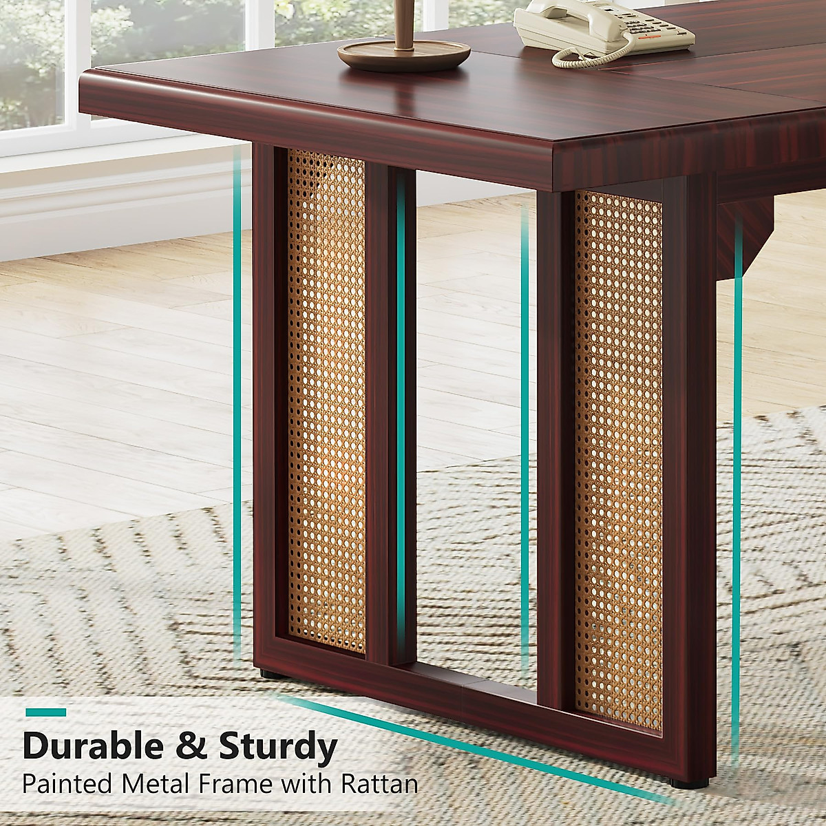 Tribesigns 70.9 Inch Executive Desk, Large Office Computer Desk with Rattan & Metal Frame, Modern Simple Study Writing Table Workstation Desk for Home Office, Conference Meeting Room