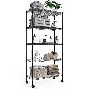 pouseayar 5 Tier NSF Metal Shelf Wire Shelving Unit, 750lbs Capacity Heavy Duty Adjustable Storage Rack with Wheels & Shelf Liners for Closet Kitchen Garage Basement, 60" H x 30" L x 14" D - White