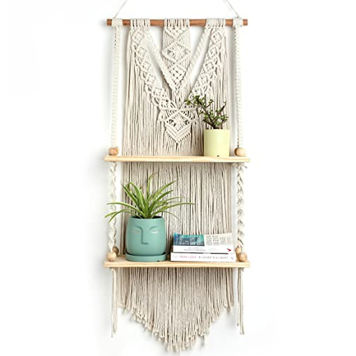 INOVA TYMES Macrame Wall Hanging Shelf 2 Tier - Boho Bedroom Decor | Macrame Wall Decor | Boho Shelf Decor, Hanging Shelves for Wall, Woven Rope Floating Wood Shelves & Storage for Small Plants Books