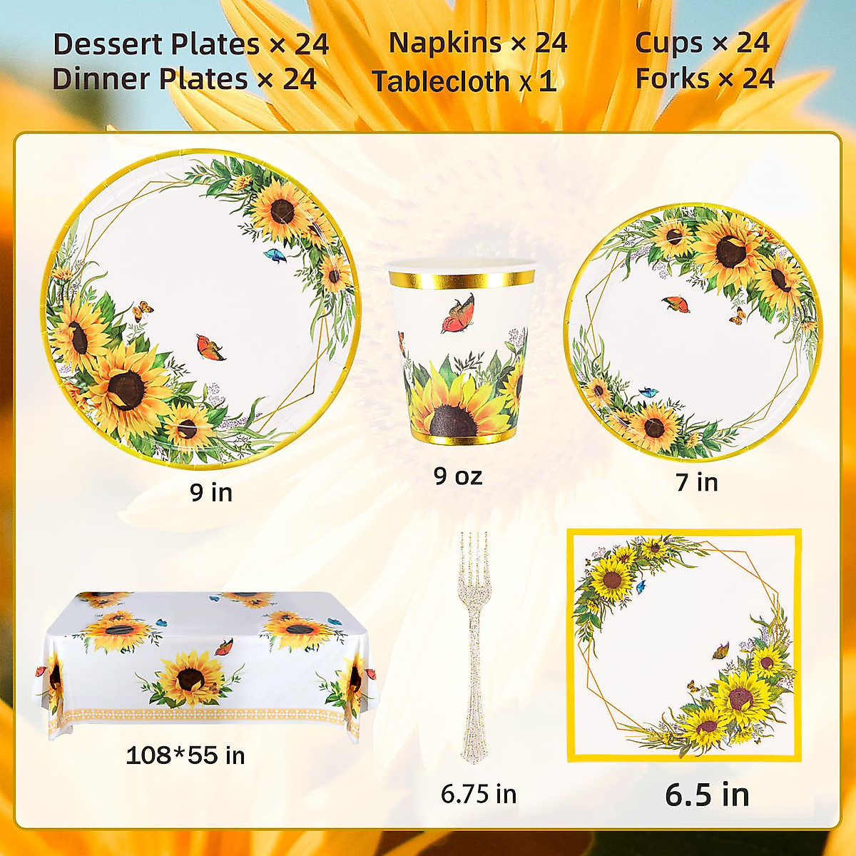 Sunflower Party Supplies, Disposable Sunflower Plates, Cups, Napkins and Cutlery for Birthday, Bridal Shower, Sunflower Party Decorations Serves 24