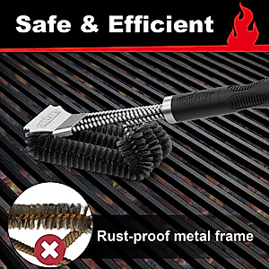 GRILLART Grill Brush and Scraper, Extra Strong BBQ Cleaner Accessories, Safe Wire Bristles 18" Barbecue Triple Scrubbers Cleaning Brush for Gas/Charcoal Grilling Grates, Wizard Tool BR-8115