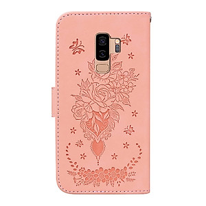 ONV Flip Case Compatible with Samsung Galaxy S9 Plus - Rose Butterfly Embossed Phone Case with Card Holder Lanyard Stand Case Leather Magnetic Wallet Cover for Samsung Galaxy S9 Plus [XT] -Pink