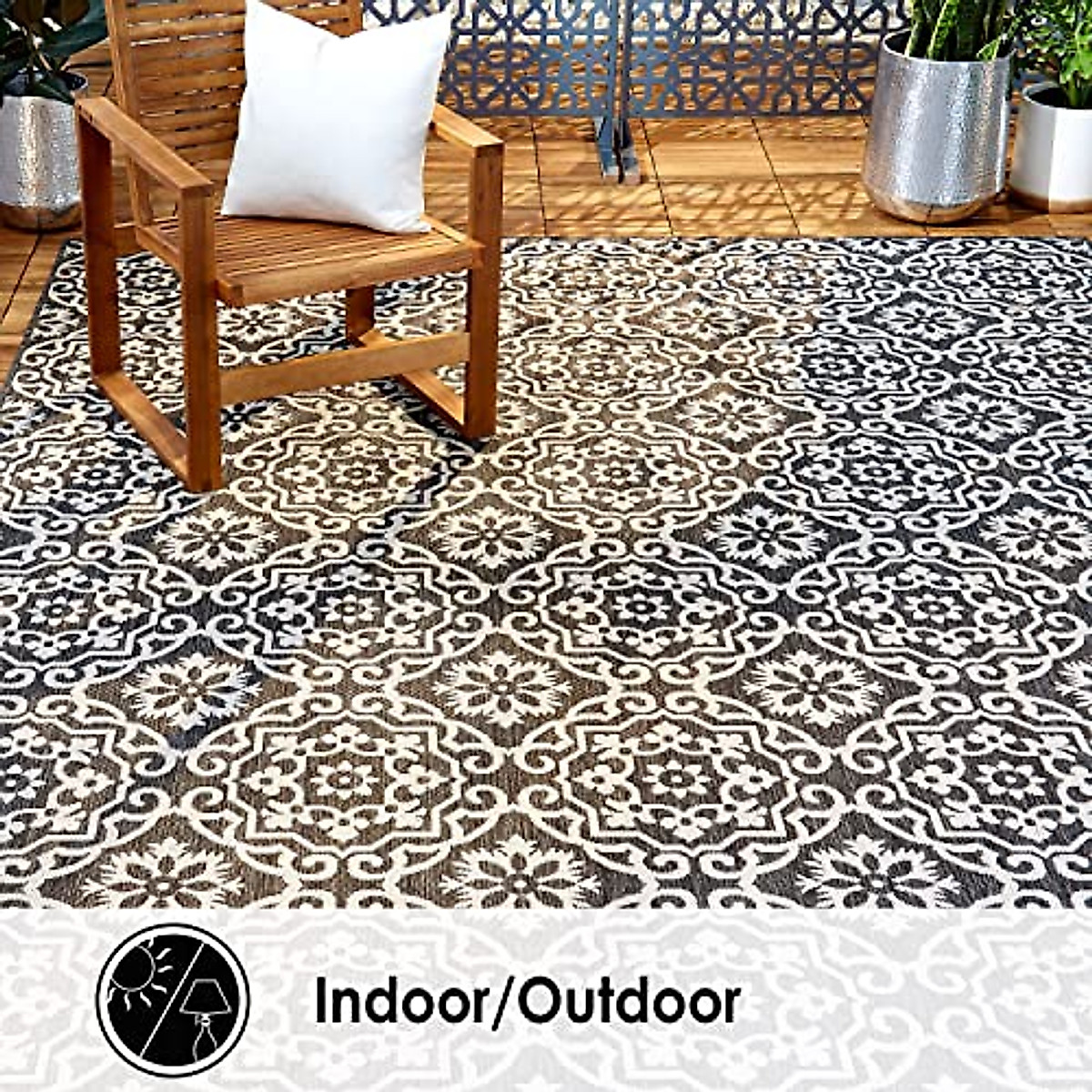 Nicole Miller New York Patio Country Danica Transitional Geometric Indoor/Outdoor Area Rug, Black/Grey, 1'9"x2'11"
