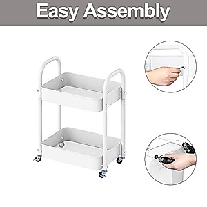2 Tier All-Metal Rolling Cart,Rolling Storage Cart with Handle and Locking Wheels Kitchen Cart,Laundry Office Bathroom Storage Organizer Cart with Wheels, White