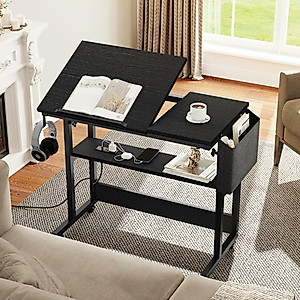 YITAHOME Height Adjustable Table with Charging Station, Portable Desk with Wheels, Small Standing Rolling Computer Desk with Tiltable Tabletop and Storage Bag, Black