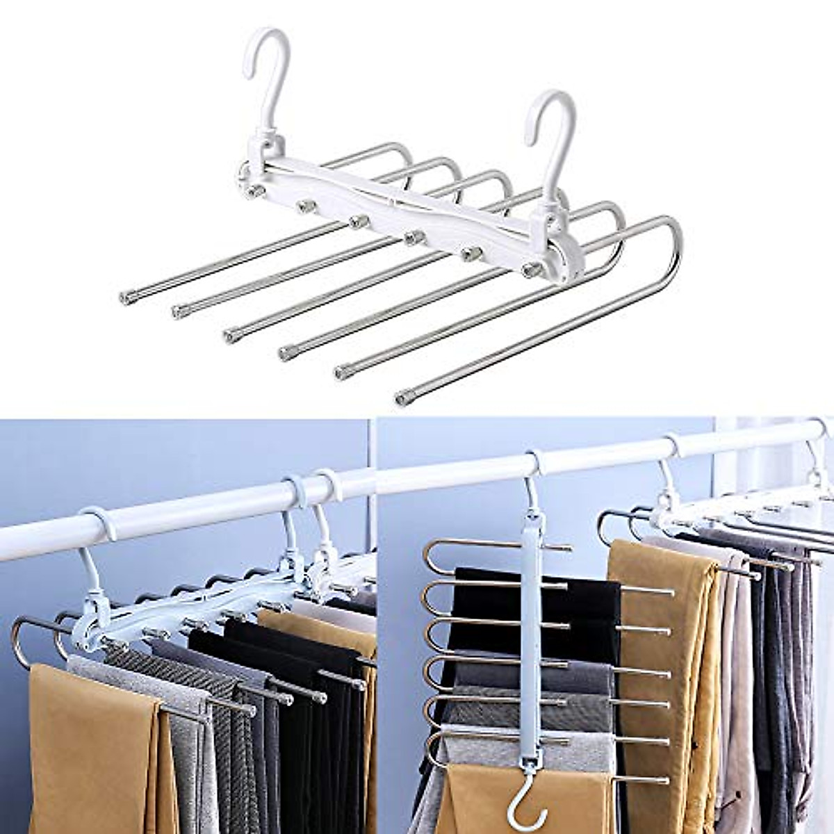 Space Saving Pants Hangers, 6 Layers Stainless Steel Rack Hanger, Non-Slip 6 in 1 Multifunctional Trouser Rack (White)