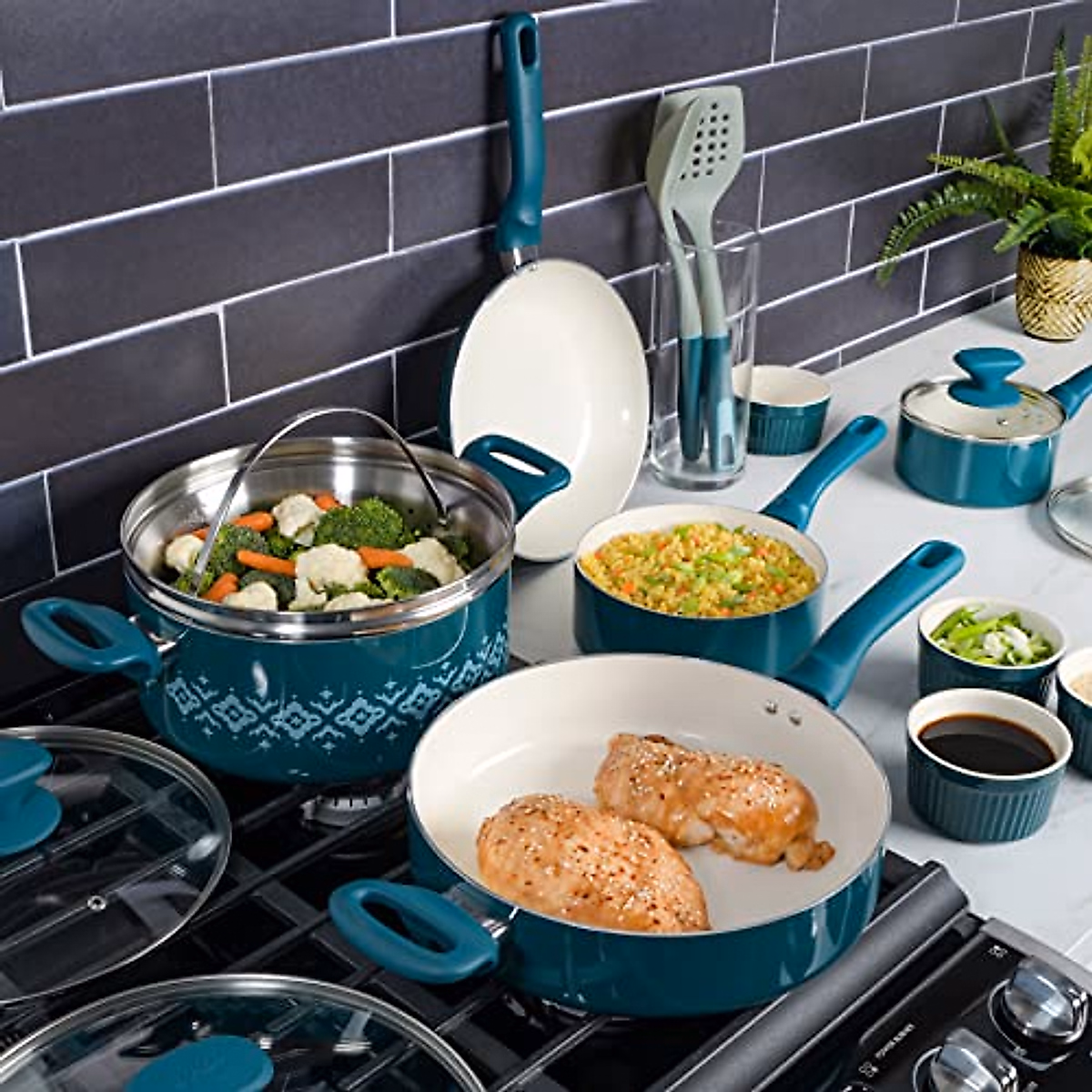 Spice by Tia Mowry Savory Saffron 16-Piece Healthy Nonstick Ceramic Cookware Set - Teal