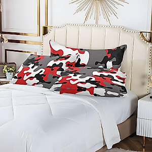 Red Grey Camouflage Pillowcase for Hair and Skin Body Pillow Cover Bed Pillow Cases Standard Size 20"X 26" Flannel Pillow Cases with Zipper for Sleeping