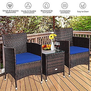 HAPPYGRILL 3 Piece Patio Furniture Set Outdoor Rattan Wicker Conversation Set with Coffee Table Chairs & Thick Cushions Bistro Sets for Patio Garden Lawn Backyard Pool
