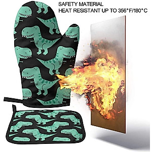 T-Rex Dinosaur Pattern Heat Resistant Oven Mitts and Pot Holders Sets of 2 for Kitchen Non-Slip Oven Gloves for BBQ Cooking Baking