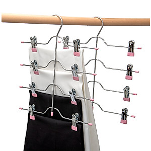 Solid Metal Skirt Hangers 4 Tier Pants Shorts Hangers Space Saving Hangers with Adjustable Clips Non Slip Grip for Slacks, Trousers, Shorts, Jeans, Towels, Pink, (2 Pieces) HL04P