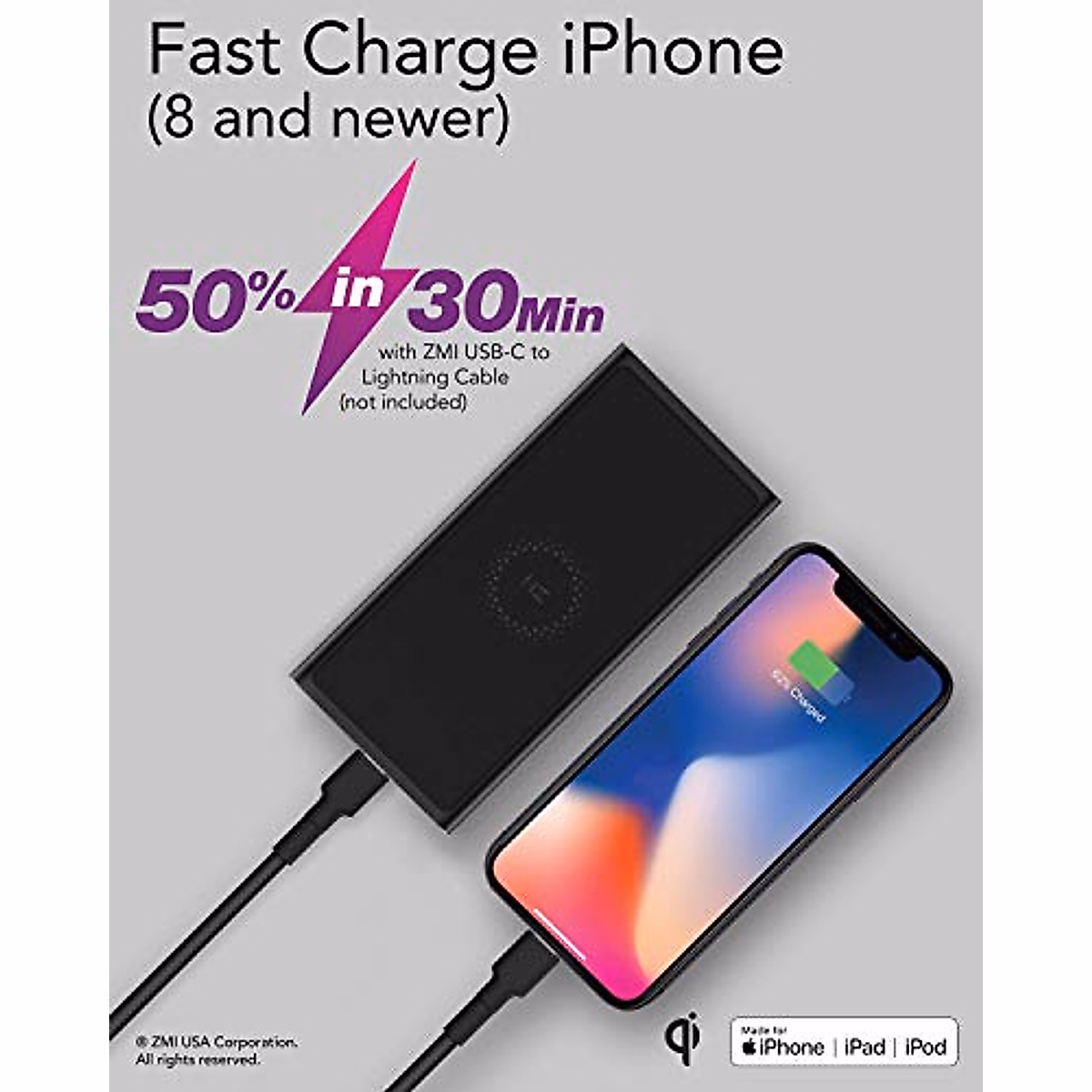 ZMI LevPower M10 MFi & Qi Certified USB PD Portable Charger with USB-C & Lightning Ports, Wireless Power Bank Compatible with iPhone 14/13/12/11/Pro/Max/X/XS/XS Max/8/8 Plus & iPad