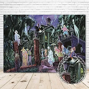 VV Backdrop Disneyland Haunted Mansion Backdrop 7x5 Ghost Wooden House Haunted Mansion Outdoor Background for Halloween Party Vinyl Black Night Halloween Backdrops for Photography