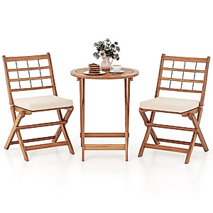 HAPPYGRILL 3 Pieces Acacia Wood Patio Bistro Set, Folding Outdoor Table and Chairs Set with Cushions, Outdoor Patio Furniture Set for Porch, Balcony, Deck, Garden, Backyard