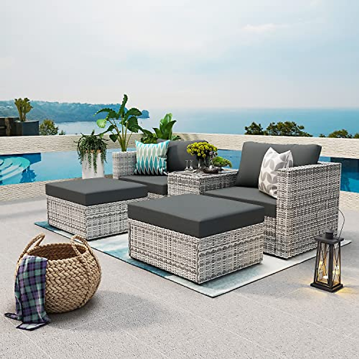 CHINNLUU 5 Pieces Patio Furniture Set Outdoor Wicker Patio Sofa Washable All-Weathe Sectional Conversation Set with Cushion and Glass Table (Grey)