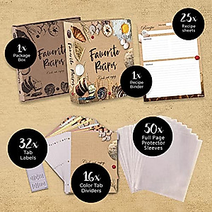 Recipe Binder with Sheets, 3 Ring Full Page Organizer Kit 8.5x11 in. Book Binder with 25 Sheets & 16 Dividers & 32 Labels & 50 Plastic Sleeves. DIY Family Cookbook for Recipes (Bakery)