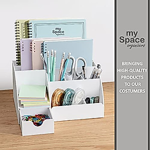 Office Desk Organizer, White Acrylic, with Drawer, 9 Compartments, All in One Office Supplies and Cool Desk Accessories Organizer, Pen Holder, Enhance Your Office Decor Desktop Organizer (White)
