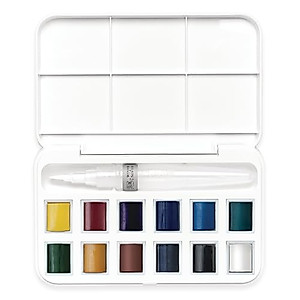 Winsor & Newton Cotman Watercolor Paint Set, 12 Half Pan w/ Water Brush Pen and Mixing Palette