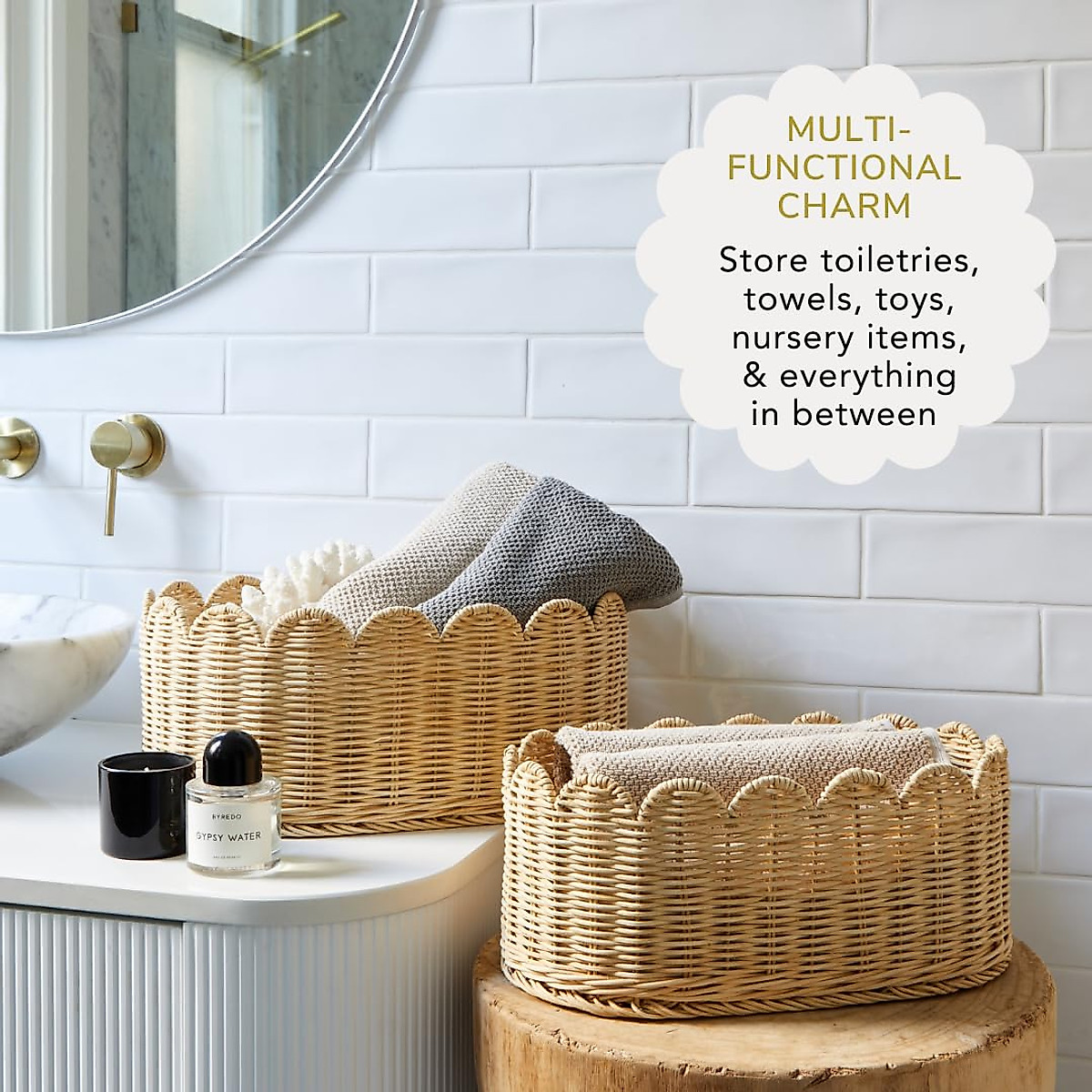 BEBE BASK Scalloped Basket Set Of 2 - Hand Woven Scallop Basket - 16 x 10 x 7 In - Scalloped Wicker Basket - Scalloped Edge Basket - Scalloped Storage Basket (Natural)