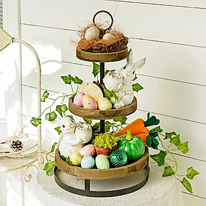 SOFFEE DESIGN 3 Tier Farmhouse Serving Tray, Wooden Table Tiered Serving Tray with Metal Round Decoration Handle for Cup Cakes, Cookie, or Jewelry Display for Kitchen Office