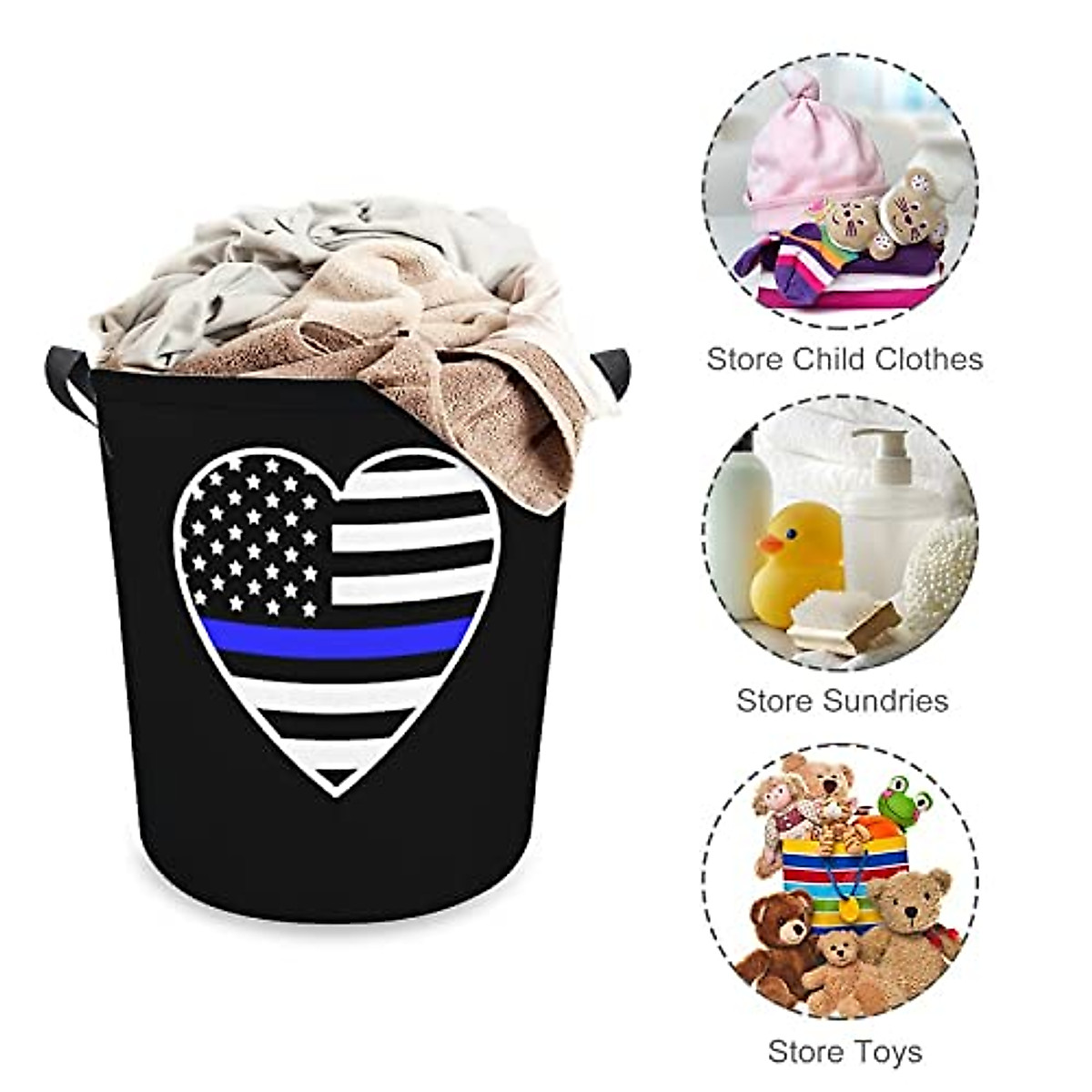 Police Thin Blue Line American Flag Large Laundry Basket Hamper Bag Washing with Handles for College Dorm Portable